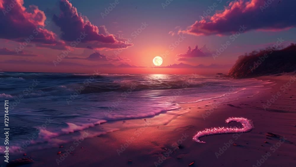 Valentine's scene with a moonlit beach, loop video background animation ...