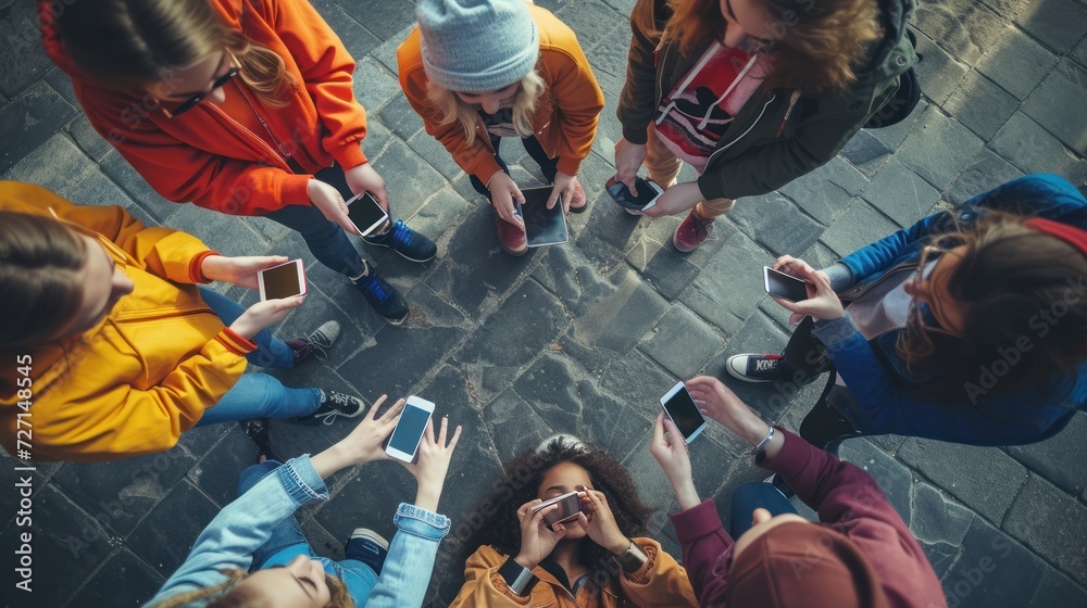 Group of young people standing in a circle using cell phones outside ...