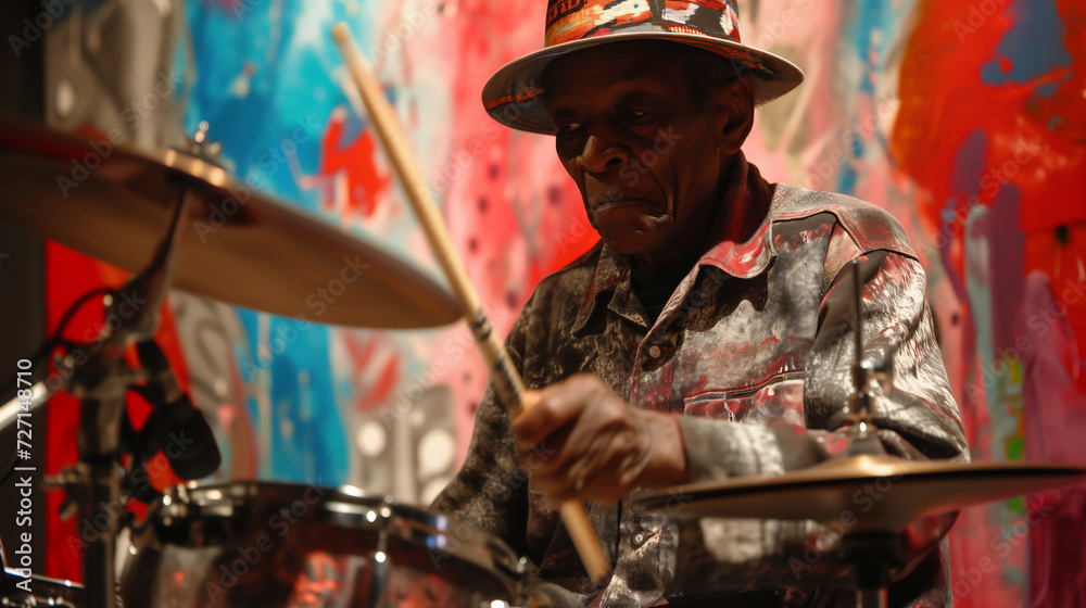 Afro-American male jazz drummer musician playing a drum kit in an ...
