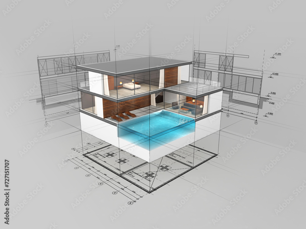 Architecture project of modern residential house with big windows and ...