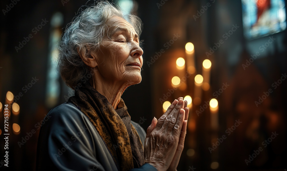Devout elderly woman praying with closed eyes and clasped hands in a ...