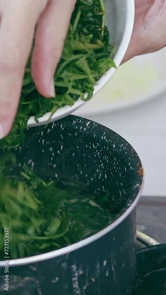 Vidéo Stock Vertical. Adding edible wild fiddlehead ferns or Diplazium ...