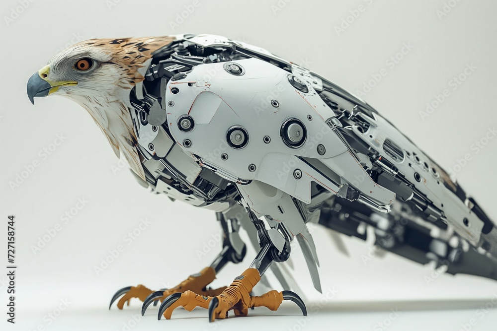 Realistic depiction of a cybernetically enhanced hawk with robotic ...