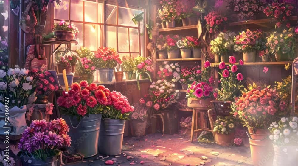 Vidéo Stock Valentine's setting in a flower shop, loop video background ...