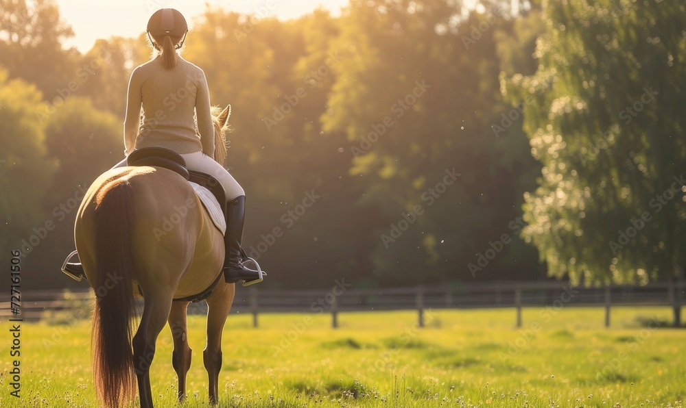 Girl riding on horse rear view shot. Woman practicing a ride on horse ...