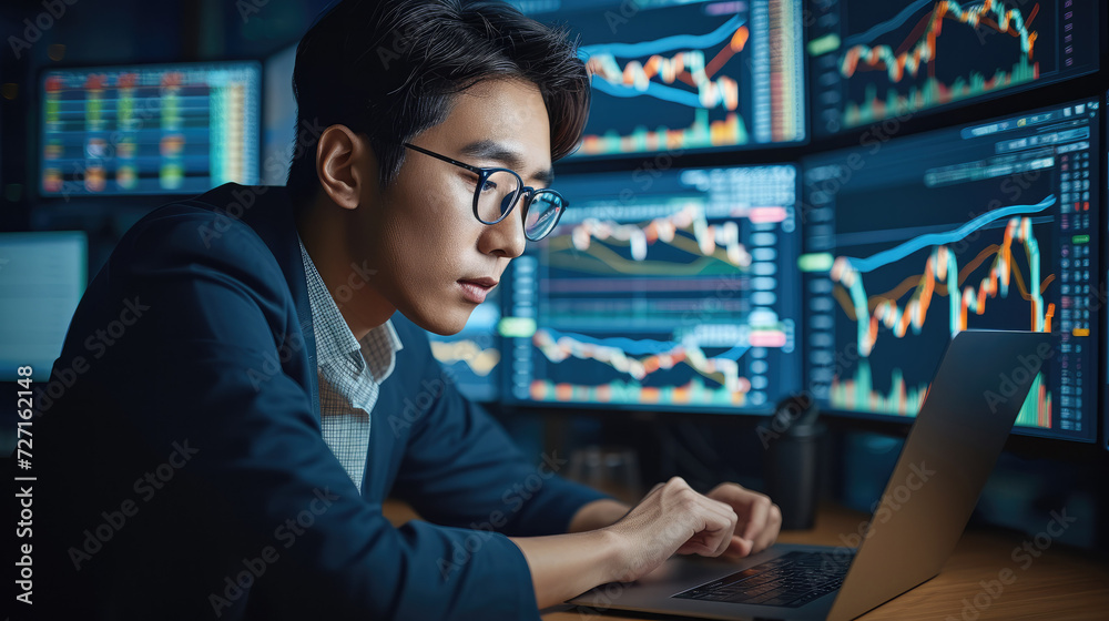 Young Asian trader in eyeglasses working with laptop while sitting in ...