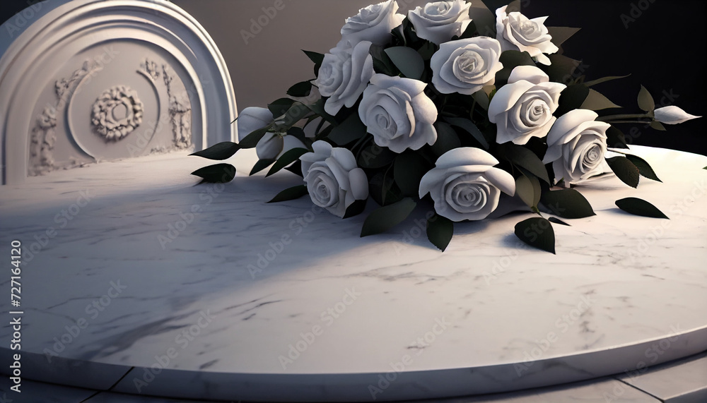 A white marble platform with white roses lining the perimeter of the ...