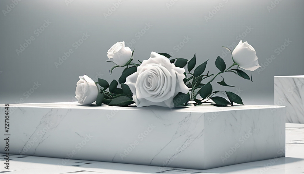 A white marble platform with white roses lining the perimeter of the ...