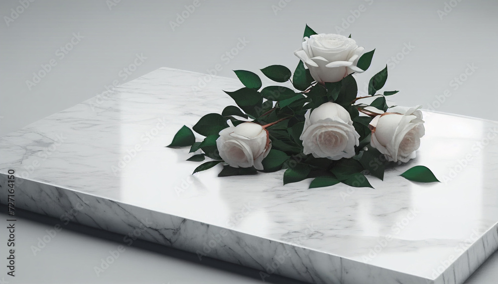 A white marble platform with white roses lining the perimeter of the ...