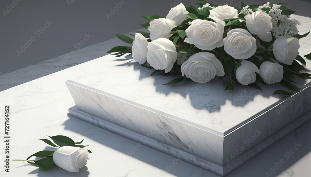 A white marble platform with white roses lining the perimeter of the ...