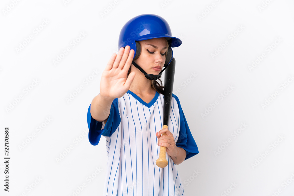Baseball Russian girl player with helmet and bat isolated on white ...