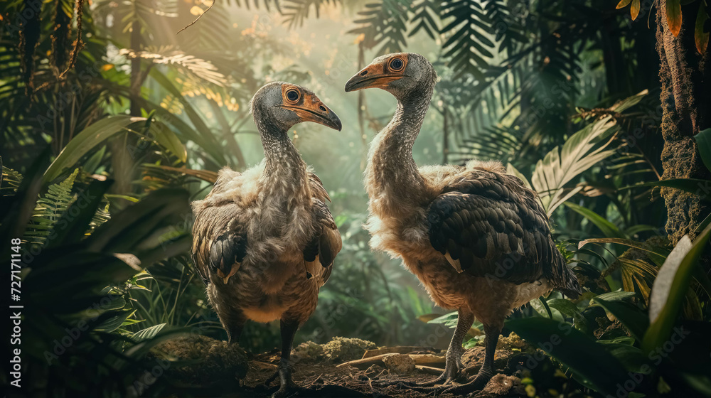 Couple Of Two Dodo Birds In Jungle. Extinct Avian Species. Emblematic ...