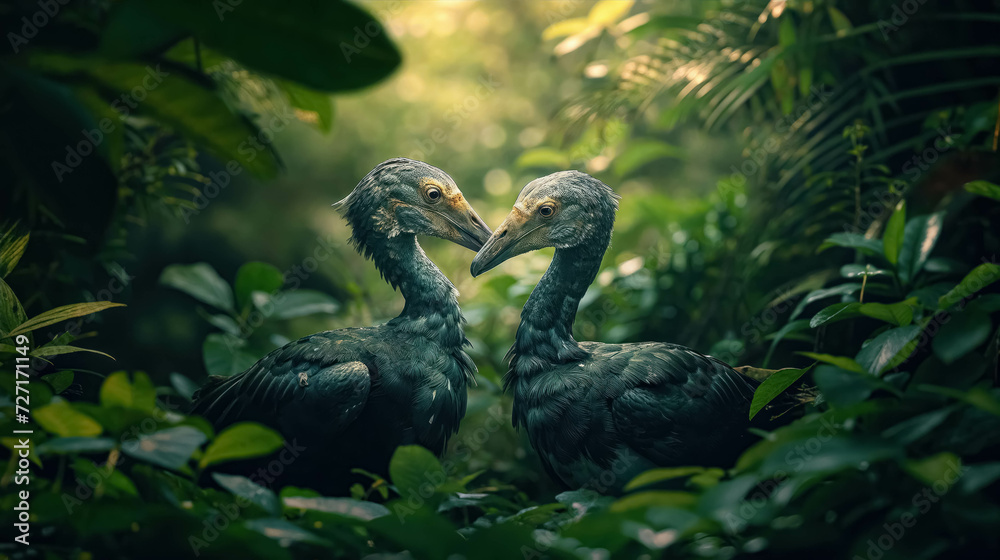 Couple Of Two Dodo Birds In Jungle. Extinct Avian Species. Emblematic ...