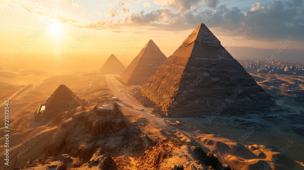 Pyramid cluster, drone's altitude, sun setting, distant oasis ...