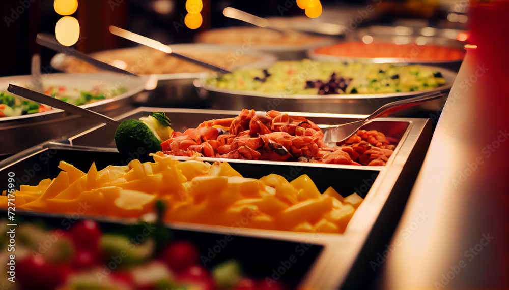 Catering buffet food indoor in restaurant with meat colorful fruits and ...