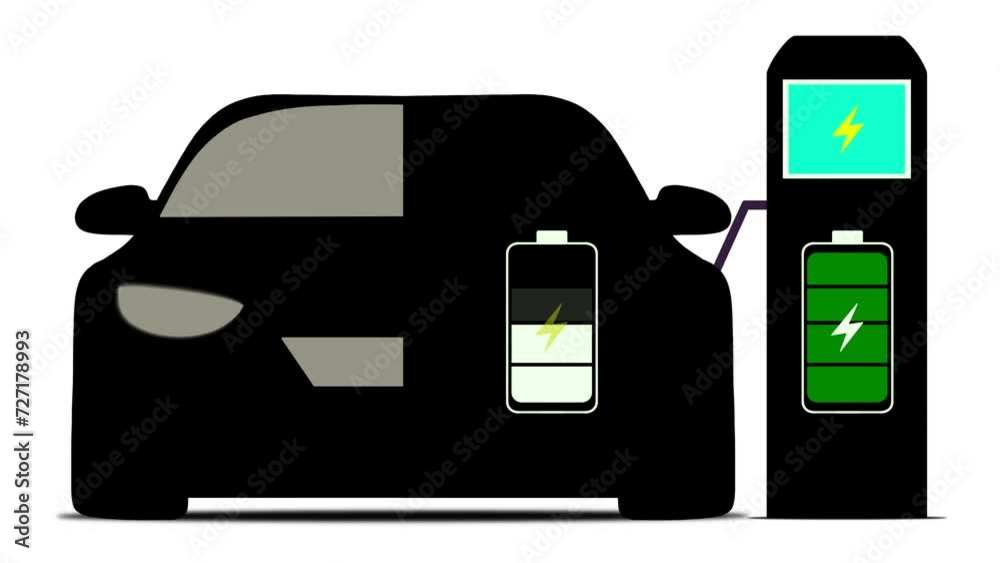 electric car charging at charging station with animated battery ...