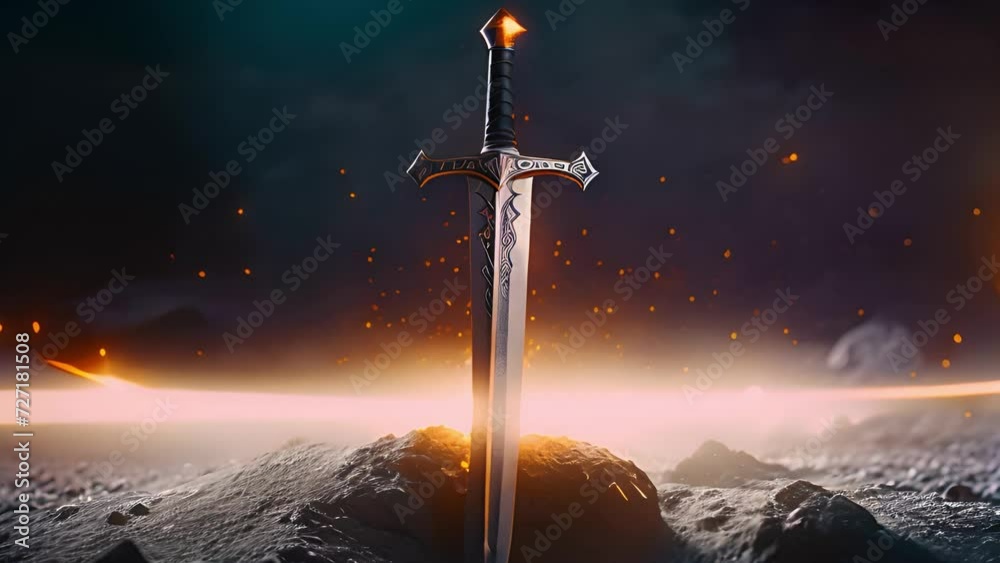 Medieval metal sword in the stone, golden sparkles are flying out Stock ...