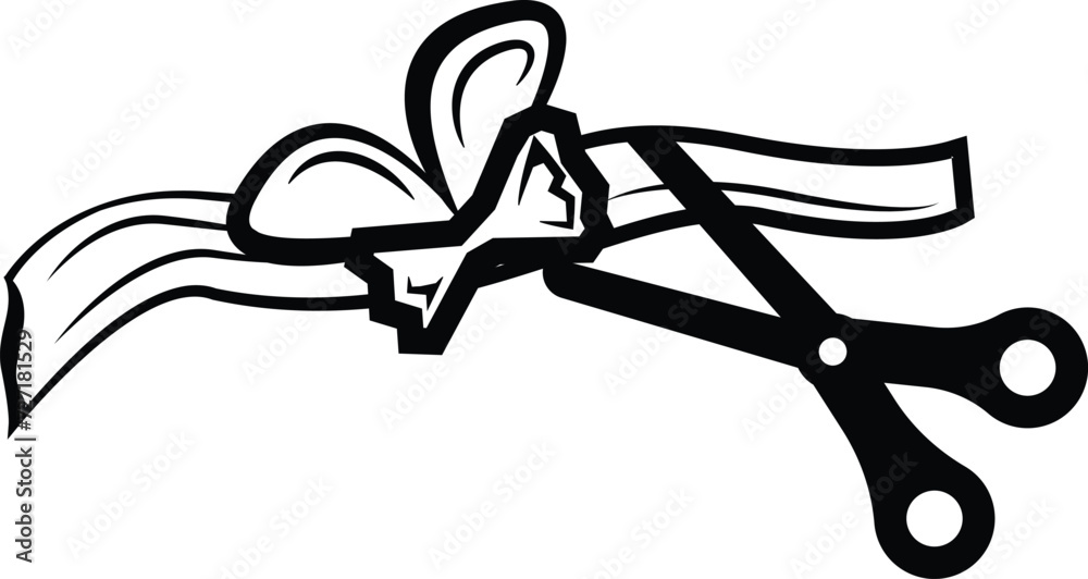Decorative bow and ribbon cutting using scissor. Opening, celebration ...