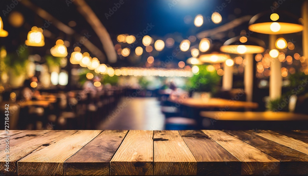 wood table top bar with blur night cafe background Stock Photo | Adobe ...