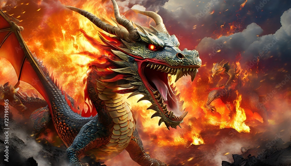 mad dragon destroying the world angry reptile with a growl giving a ...