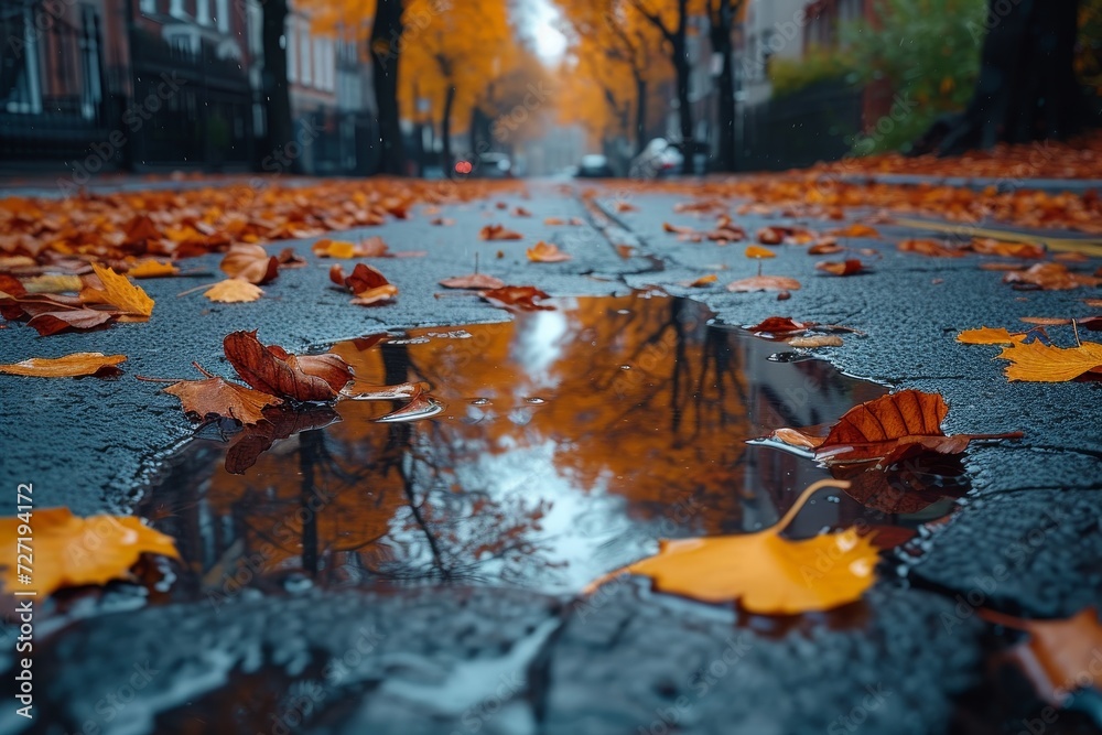 Autumn rain falls on the maple-lined street, leaving a wet path of ...