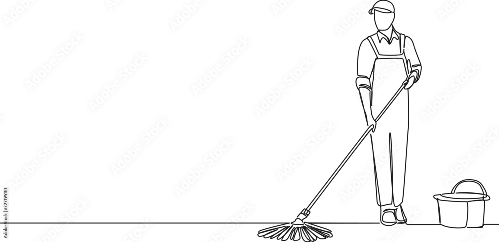 continuous single line drawing of janitor mopping floor, line art ...