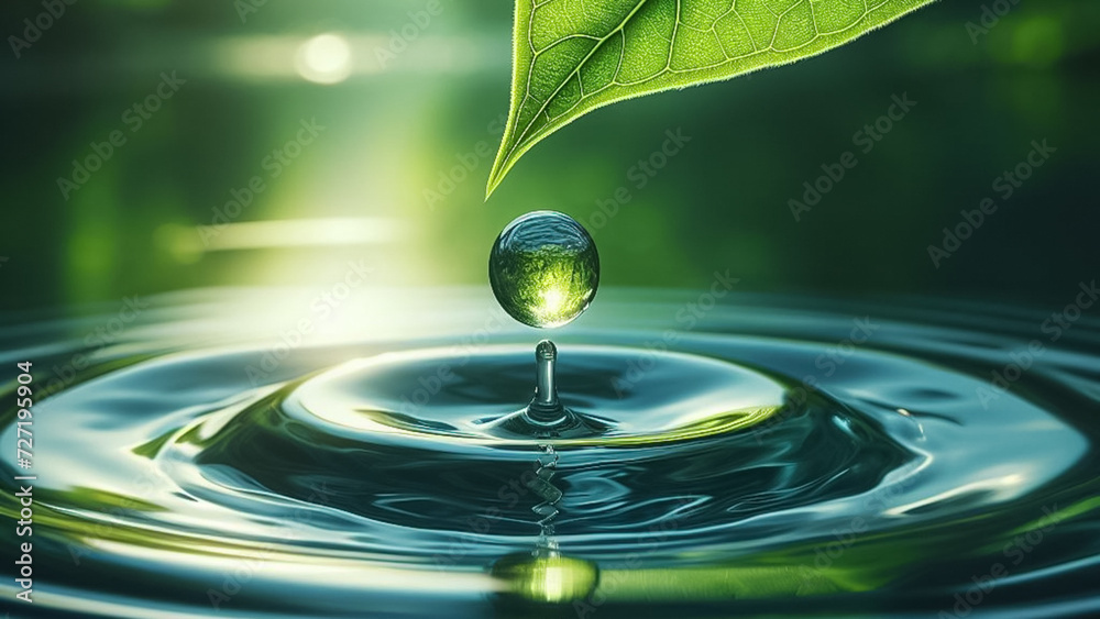 drop of water. small waves and water droplets on leaves falling into ...