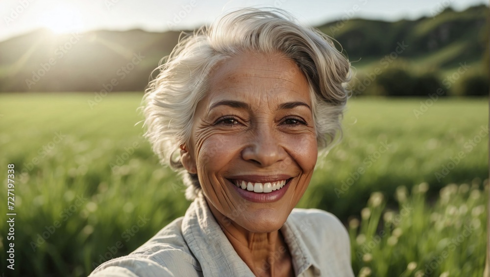 Mature woman with white hair, wearing a casual shirt, exudes joy and ...