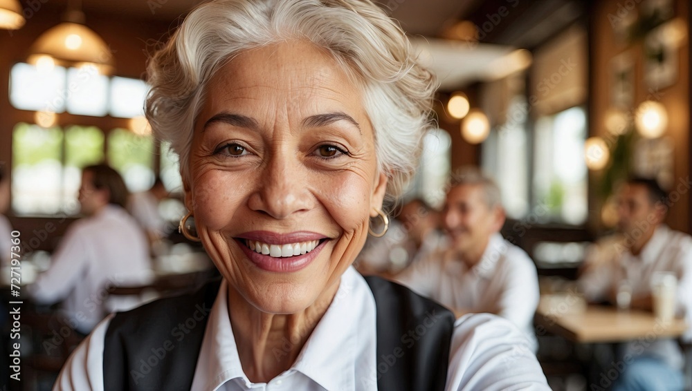 Elegant mature waitress with white hair, smiling hospitably in a ...