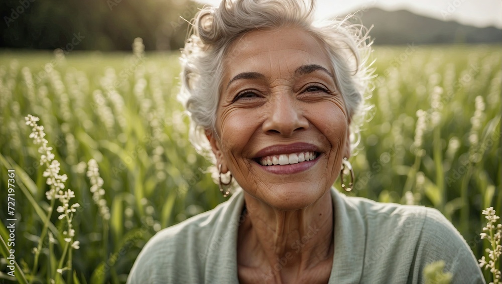 Elderly, gleeful woman with short, silver hair, beaming with joy in a ...