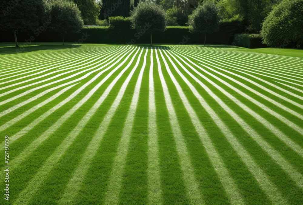 The texture of a freshly mowed lawn, adorned with neat and precise ...