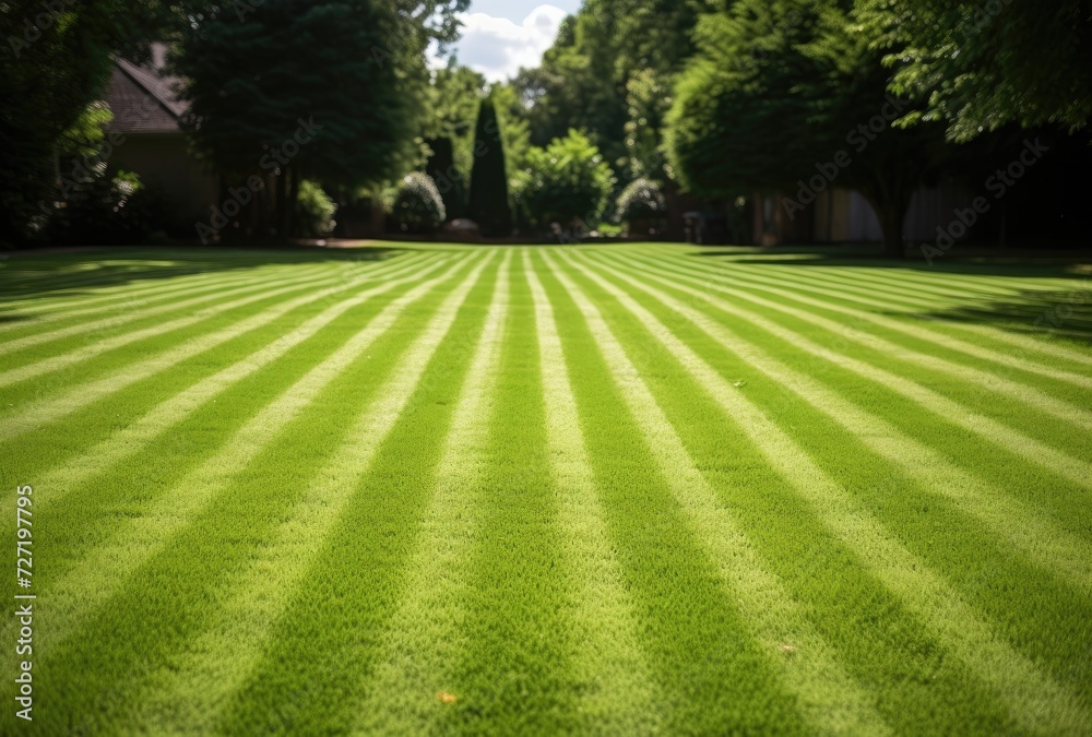 The texture of a freshly mowed lawn, adorned with neat and precise ...