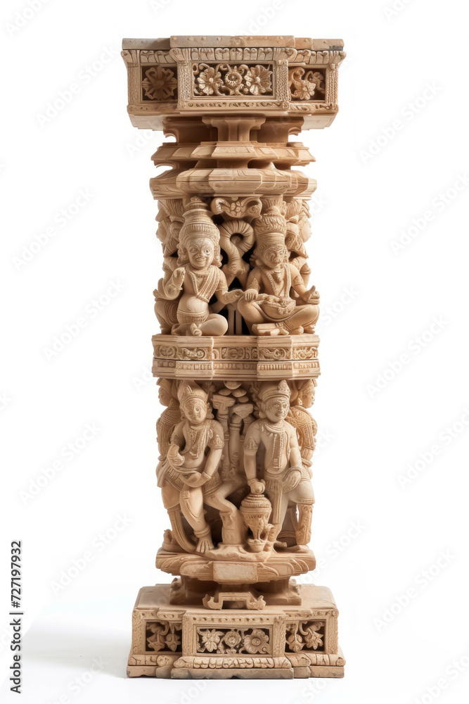 Indian Vedic pillar with intricate carvings of deities, column of ...