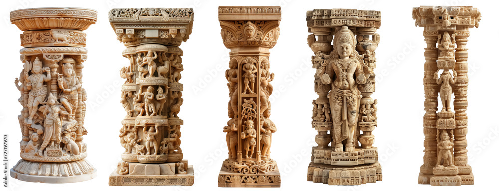 set of Indian Vedic pillar with intricate carvings of deities, column ...