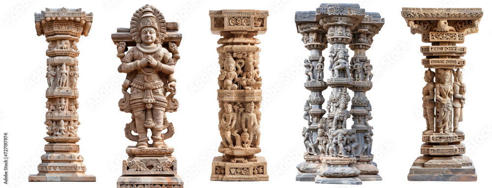 set of Indian Vedic pillar with intricate carvings of deities, column ...