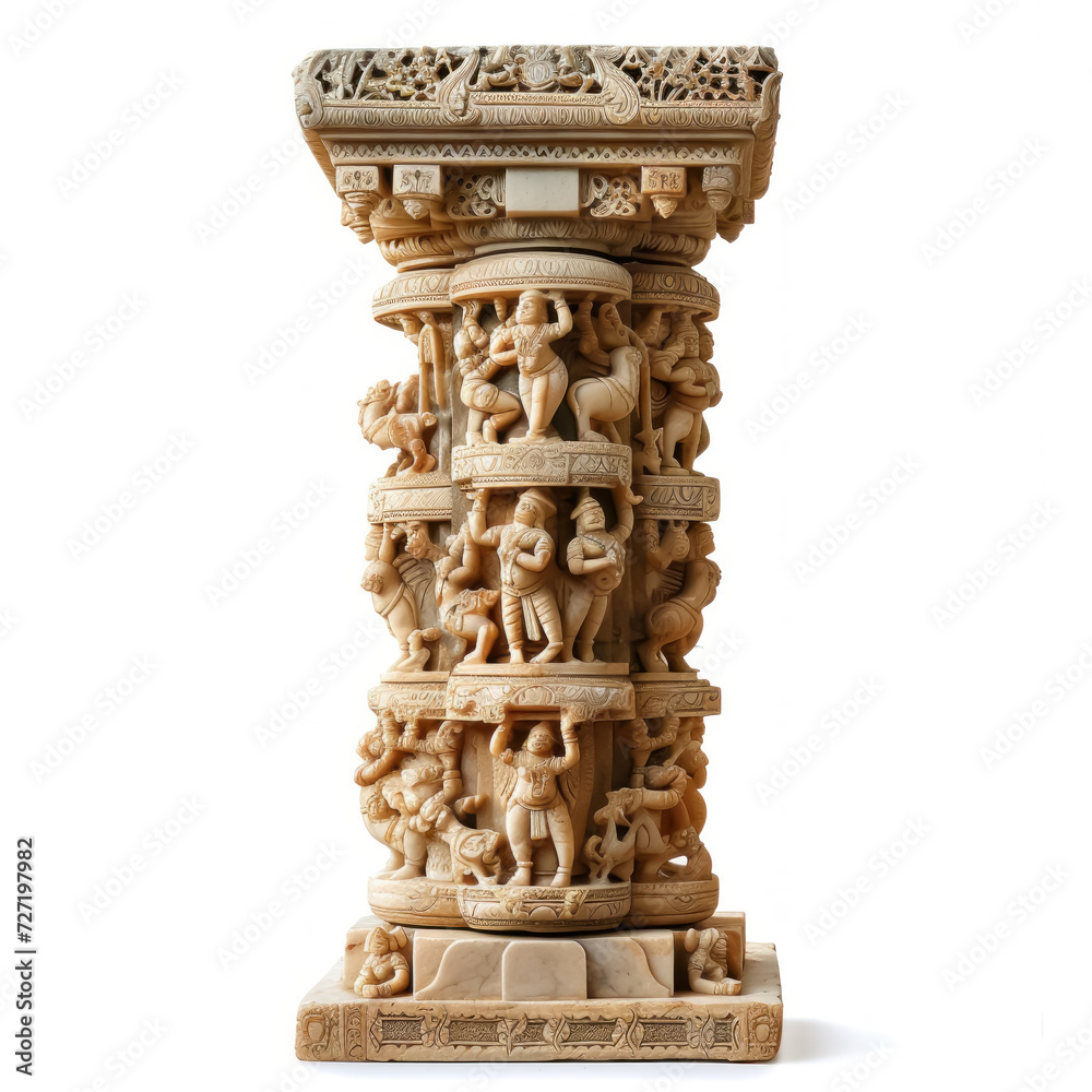 Indian Vedic pillar with intricate carvings of deities, column of ...