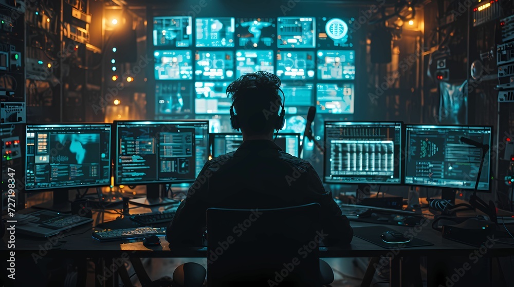 A visual exploration of cyber security, featuring a hacker in a dark ...