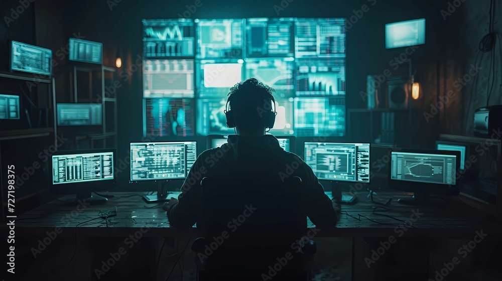A visual exploration of cyber security, featuring a hacker in a dark ...