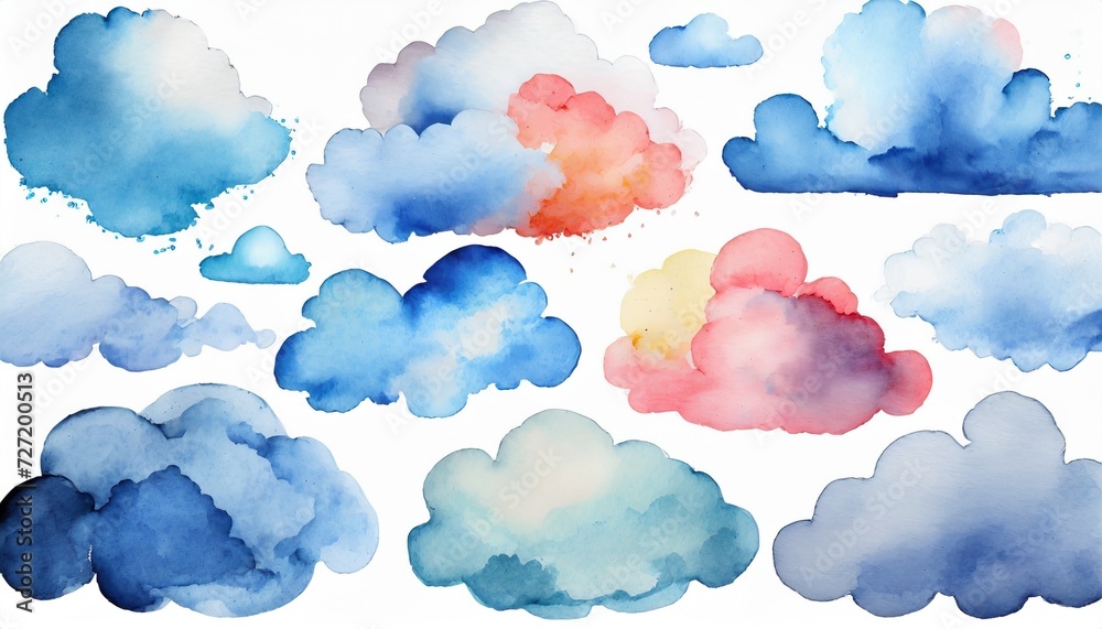 set of eight clouds watercolor clipart on white background Stock ...
