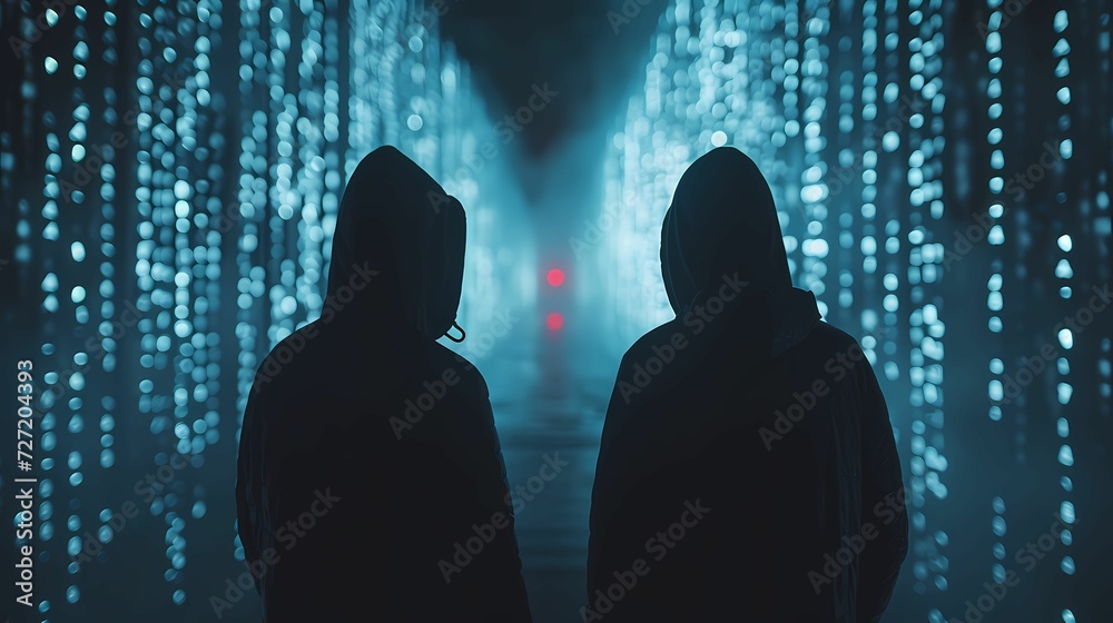 The unseen danger of data breaches, symbolized by shadowy figures ...