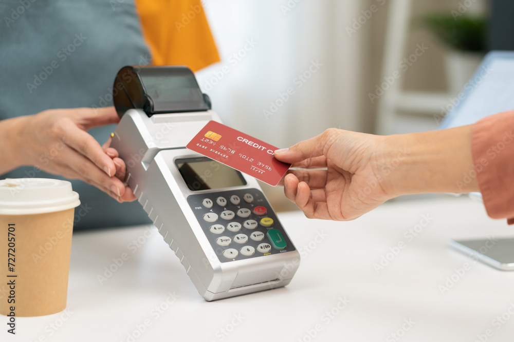 Pay, cashless technology concept, hand of customer using credit card ...