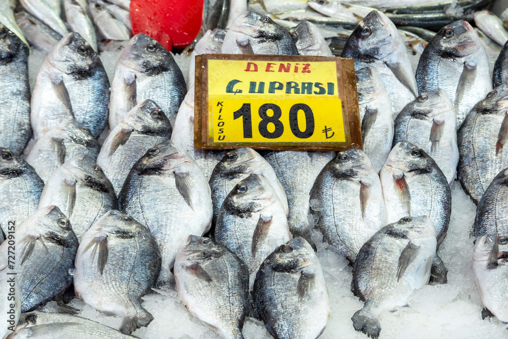 Large sea bream with a price tag sold on the counter at the fishmonger ...