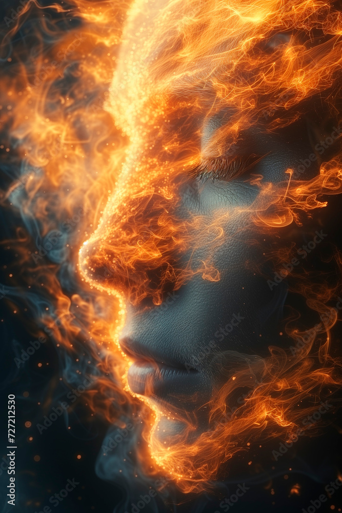 Angry, envy, hate. A visage forged from flames and fury emerges from ...