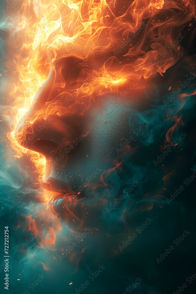 Angry, envy, hate. A visage forged from flames and fury emerges from ...