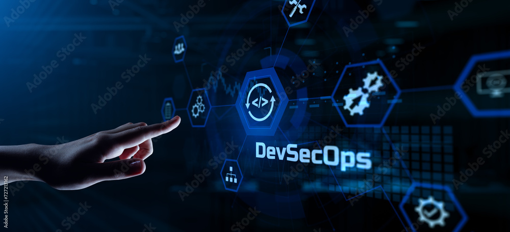 DevSecOps software development technology concept. Hands pressing ...