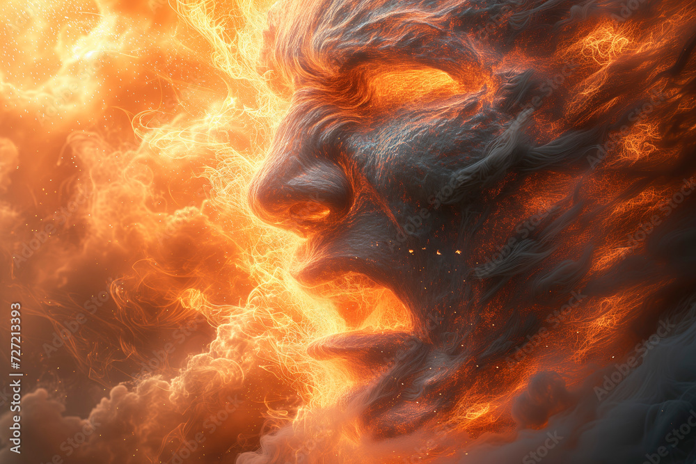 Angry, envy, hate. A visage forged from flames and fury emerges from ...