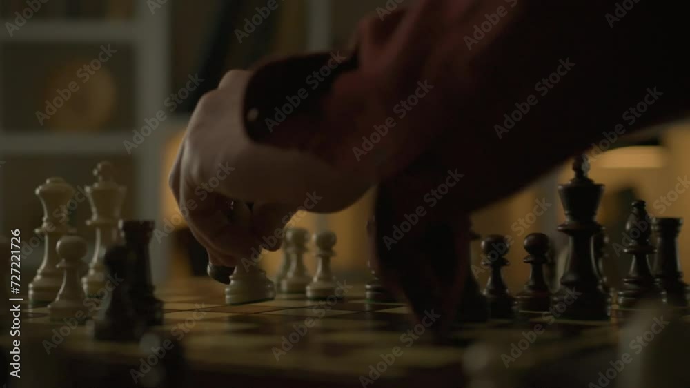 An experienced chess player confidently moves a piece, placing it in a ...