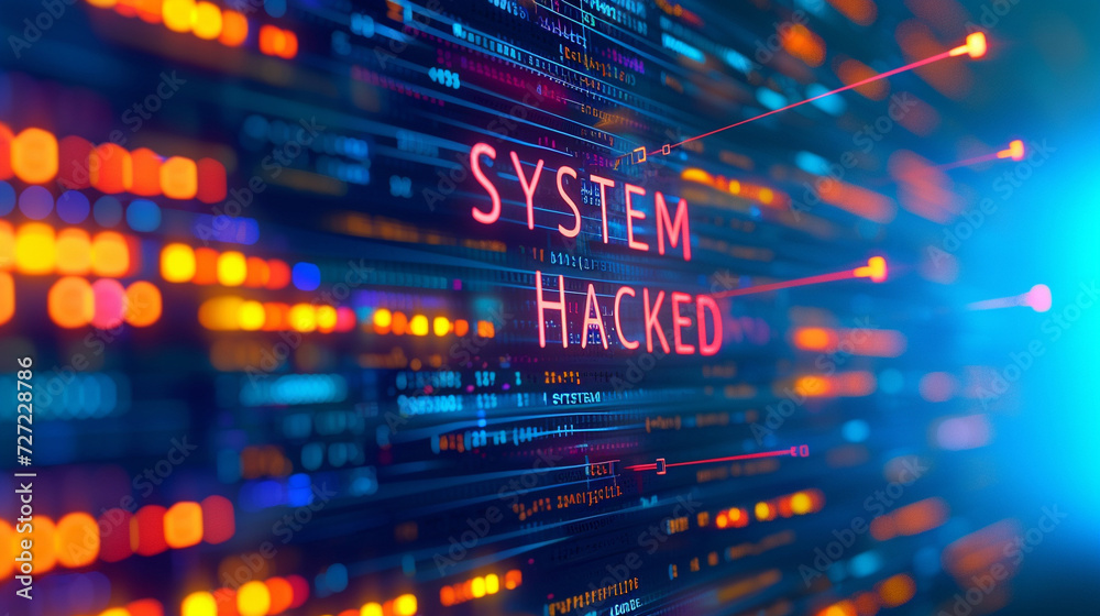 Close up "SYSTEM HACKED" writing. System hacking with info message ...