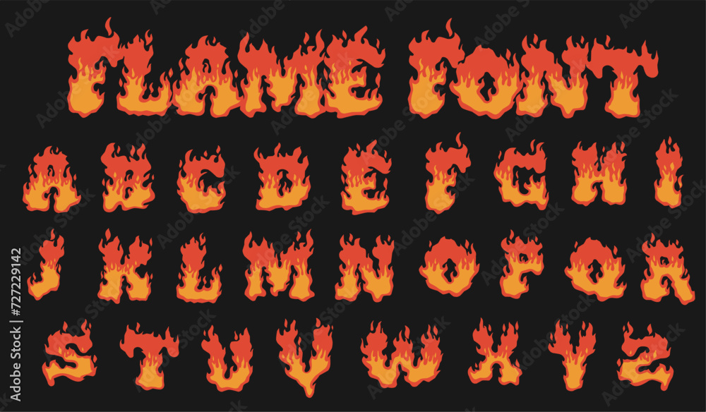 Fire flame burning font alphabet cartoon style vector illustration. Font set isolated on a black ...