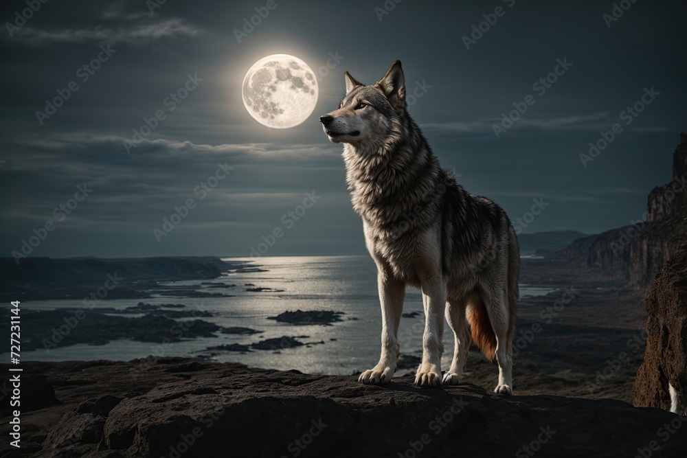alone Wolf Standing on a Cliff Howling on Full Moon on beach Stock ...